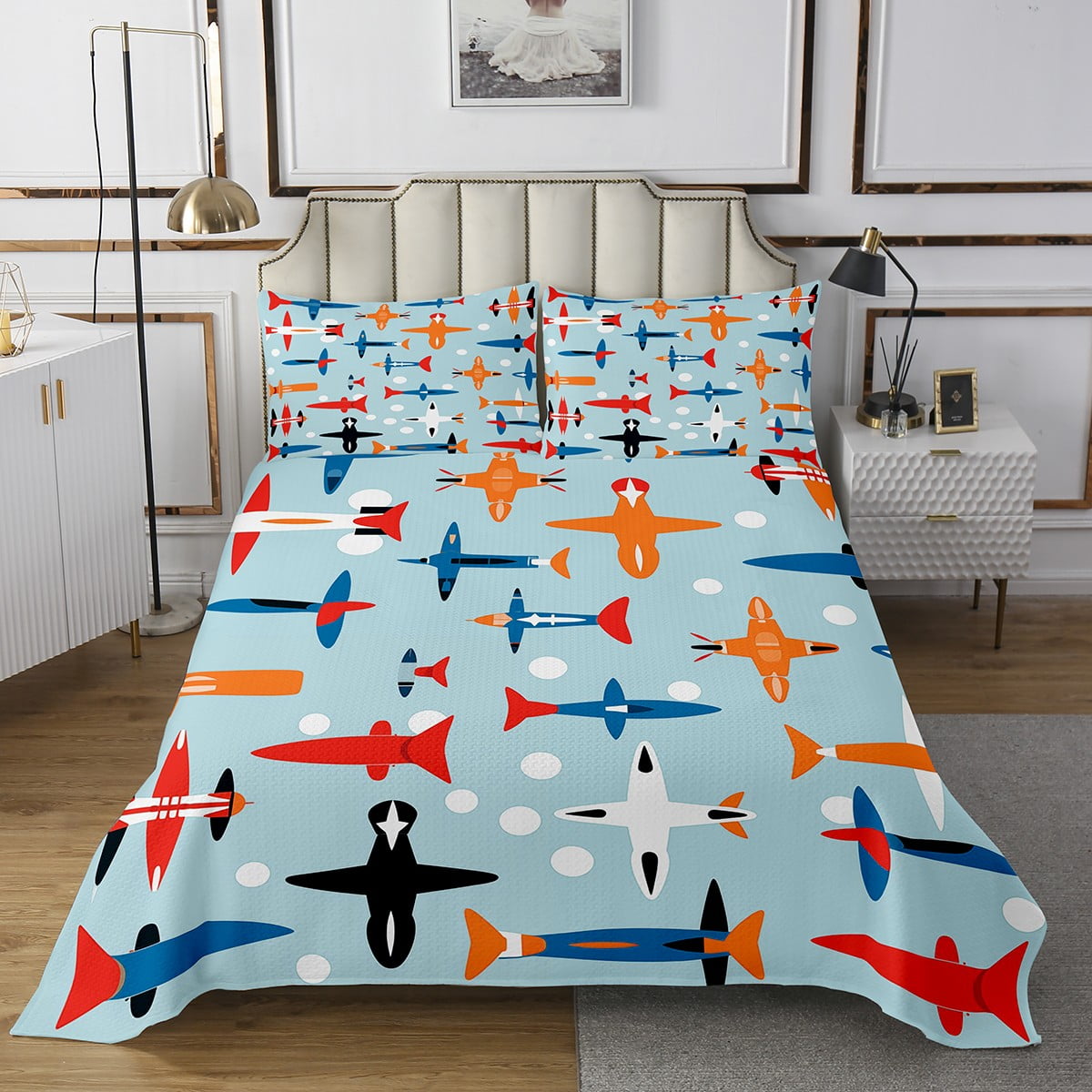 YST Twin Size Airplane Coverlet Set, Aircraft Cartoon Style Bedspread ...