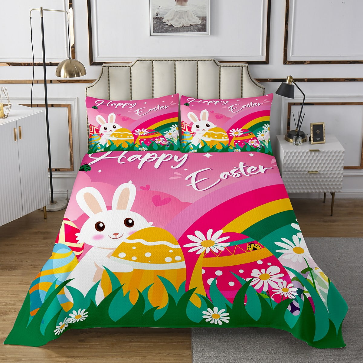 YST Twin Size Easter Quilt Set for Kids Toddler,Cartoon Easter Bunny ...