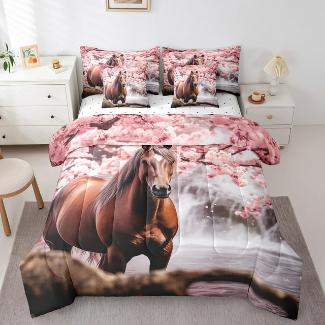 Erosebridal Twin Size Horse Comforter Set 7 Piece Pink Cherry Blossom ...