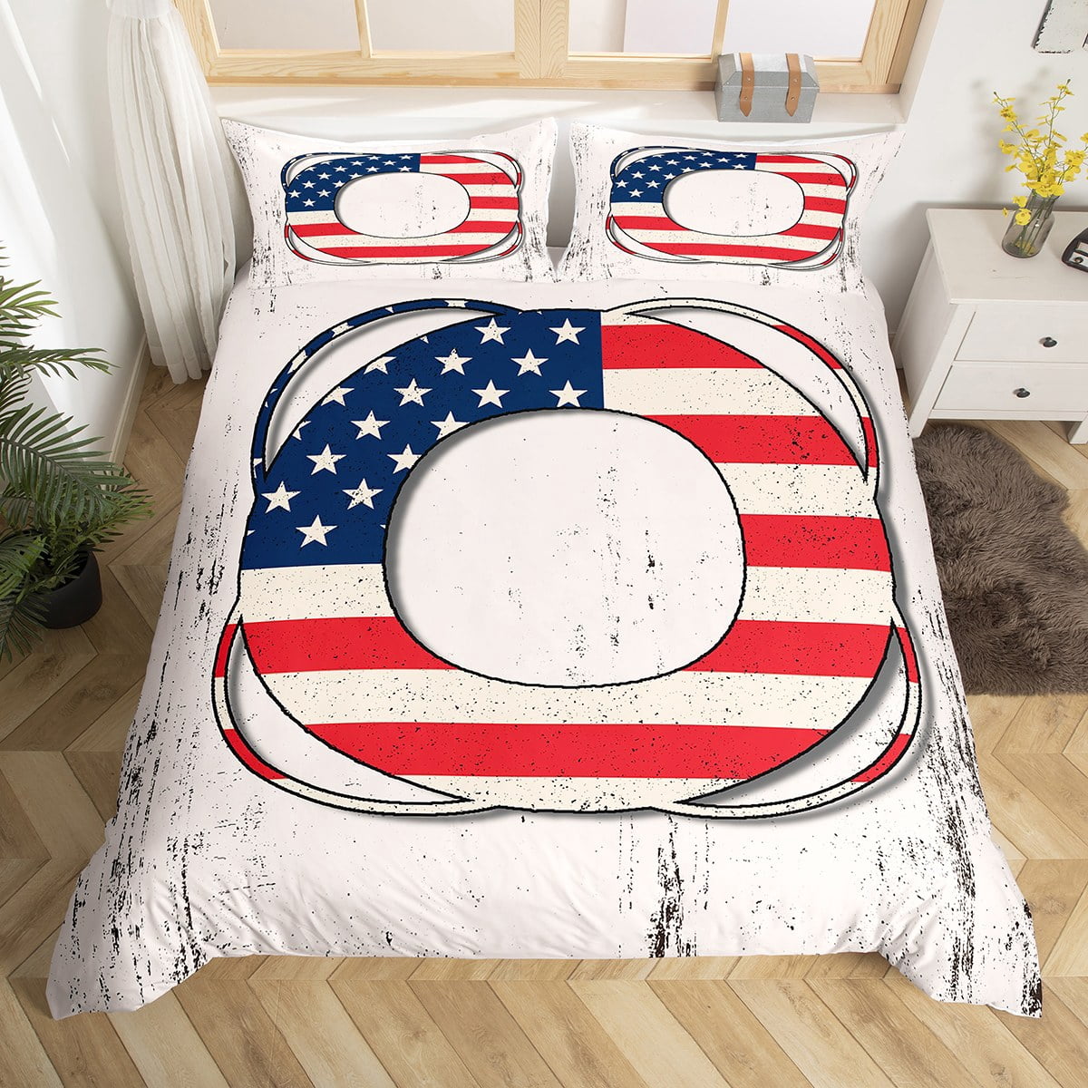YST USA Flag Bed Set Nautical Duvet Cover, Life Buoy Print Bedding Set ...