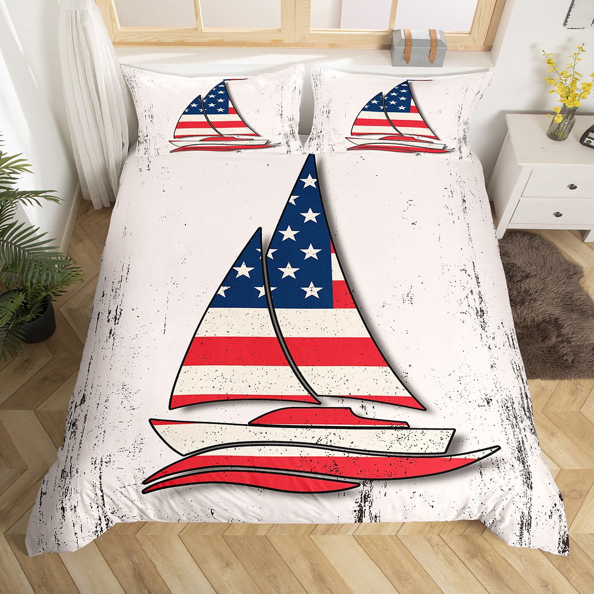 YST USA Flag Bed Set Nautical Duvet Cover, Sailboat Print Bedding Set ...