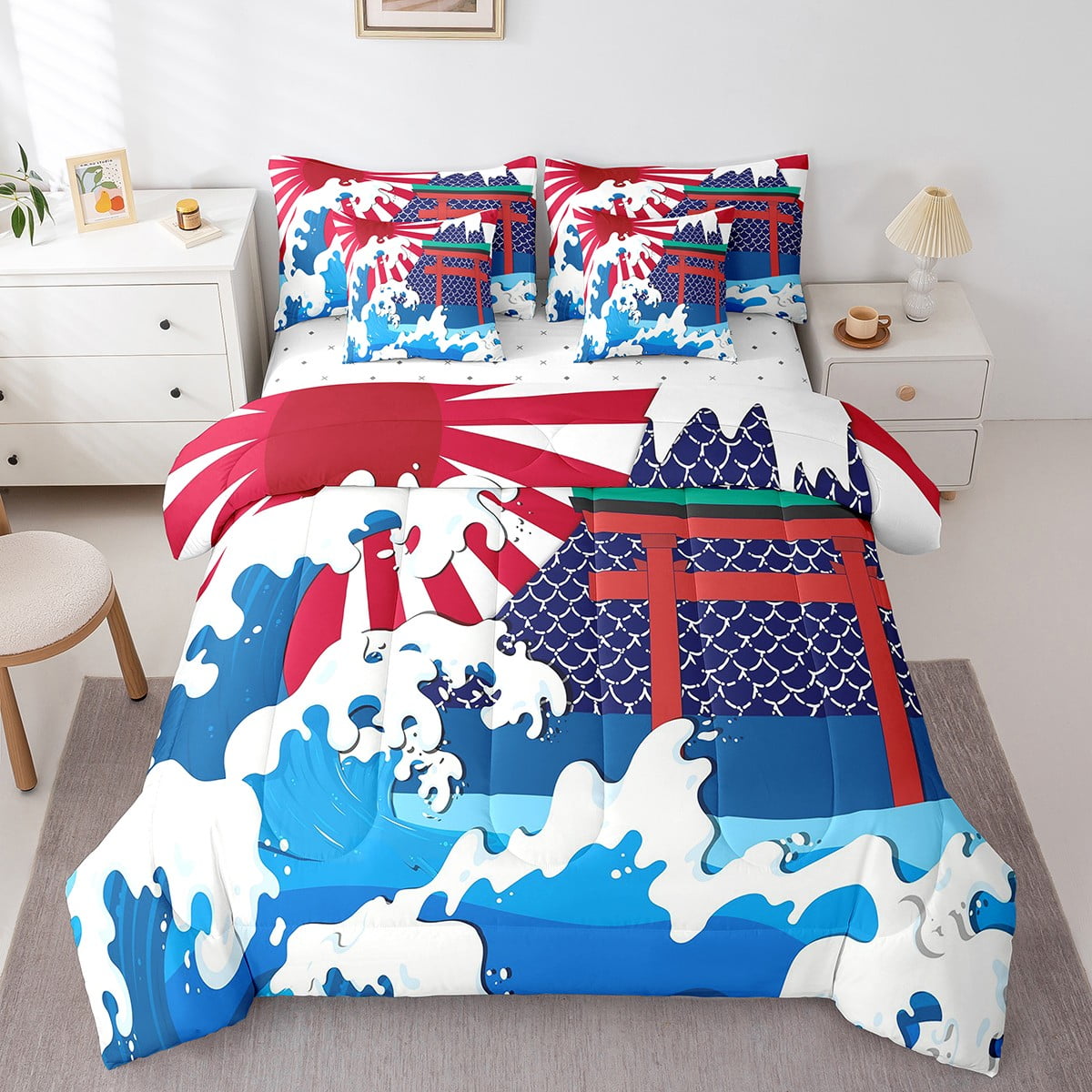 Ukiyoe Themed 7 Piece Comforter Set Twin Size,Japanese Style Bed in a ...