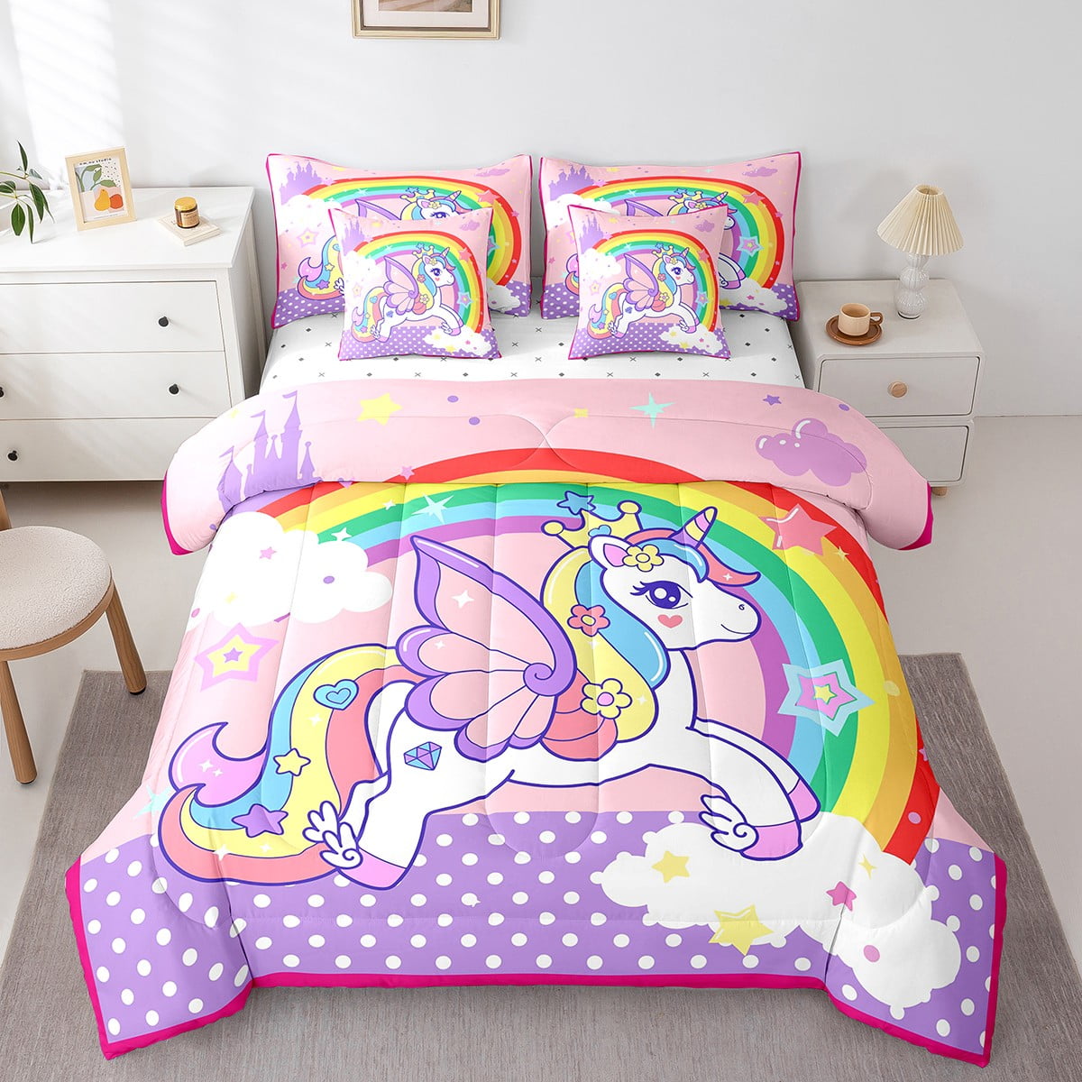 YST Unicorn Bedding Set 7Pcs King Size Cute Unicorn Butterfly Wings Comforter with Sheets for ...