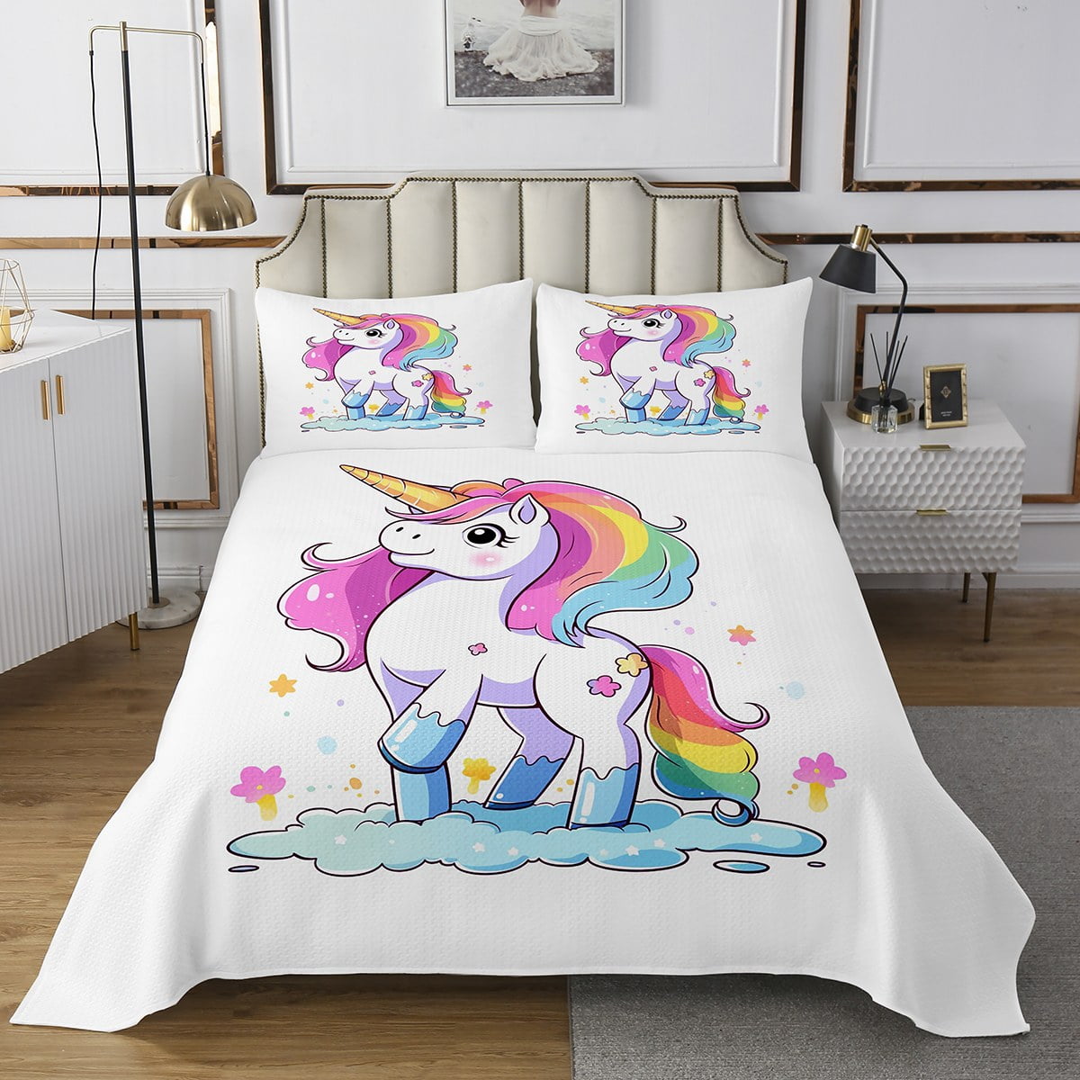YST Unicorn Bedspread Set King for Girls Pink Rainbow Unicorn Quilt Set Kawaii Room Decor, 3 ...