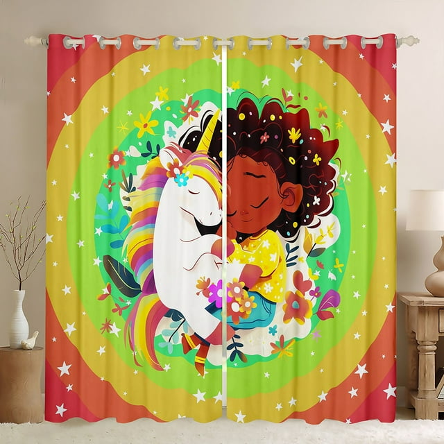 YST Unicorn Blackout Curtains African Black Little Girl Window Curtains ...