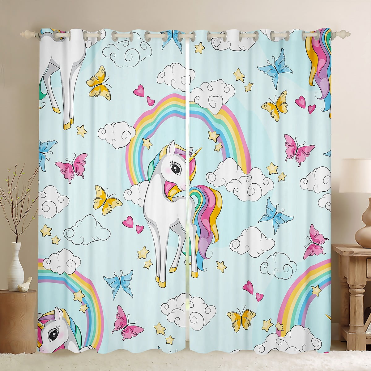 YST Unicorn Blackout Curtains for Girls Kids,Teal Pink Butterfly ...