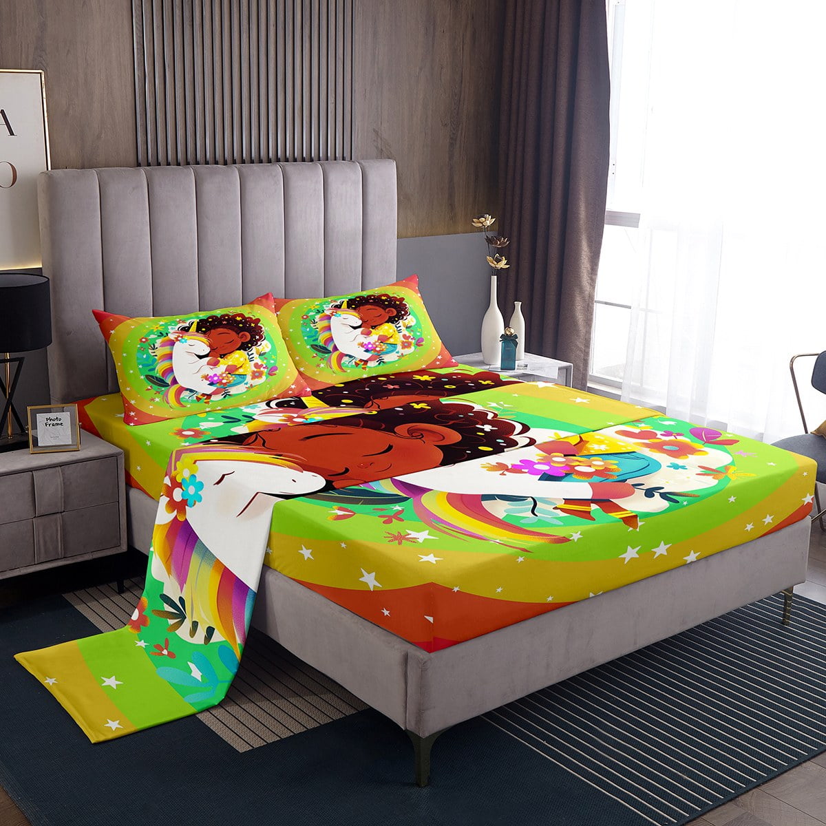 YST Unicorn Fitted Sheet African Black Little Girl Bed Sheets Full For ...