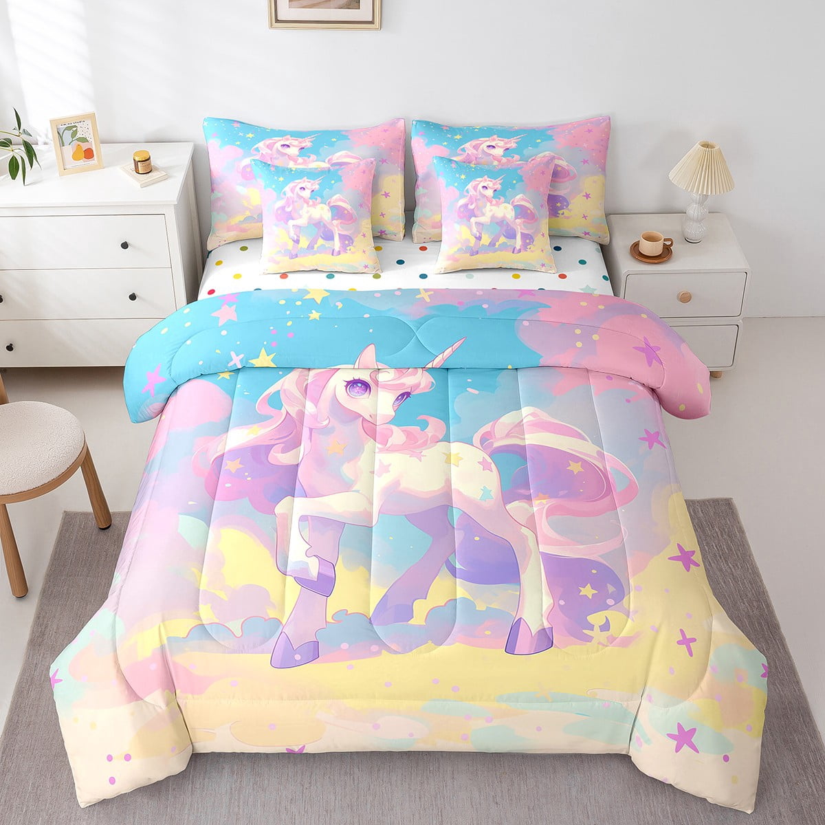YST Unicorn Girls Bedding Set 7Pcs Queen Size Pink Rainbow Unicorn ...