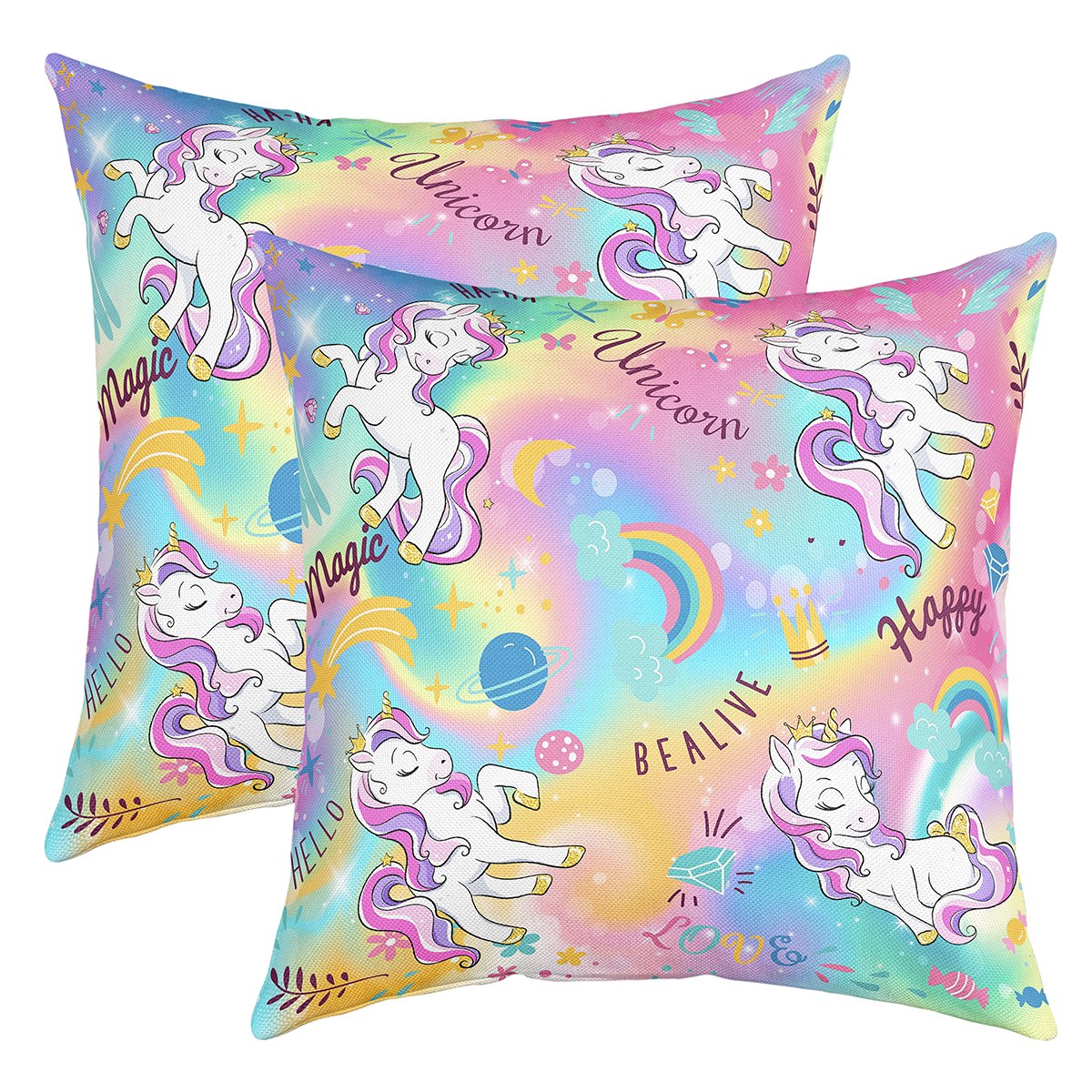 YST Unicorn Pillow Covers 24x24 inch set of 2 Size Cartoon Rainbow Cushion Cases for Girls,Cute ...
