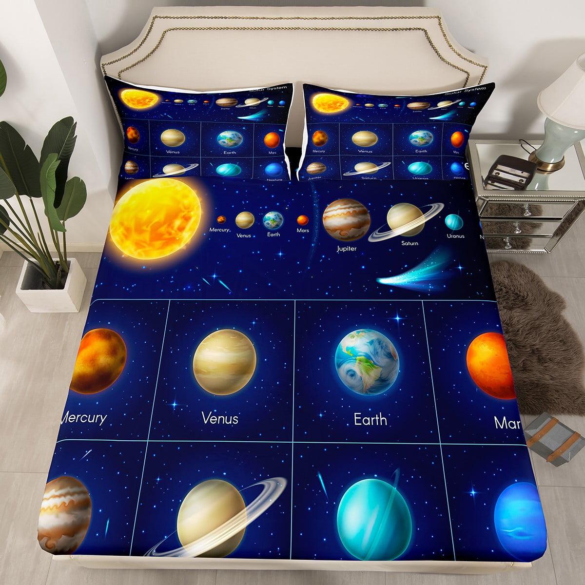 YST Universe Themed Bed Sheets Queen Space Fitted Sheet for Boys Girls ...