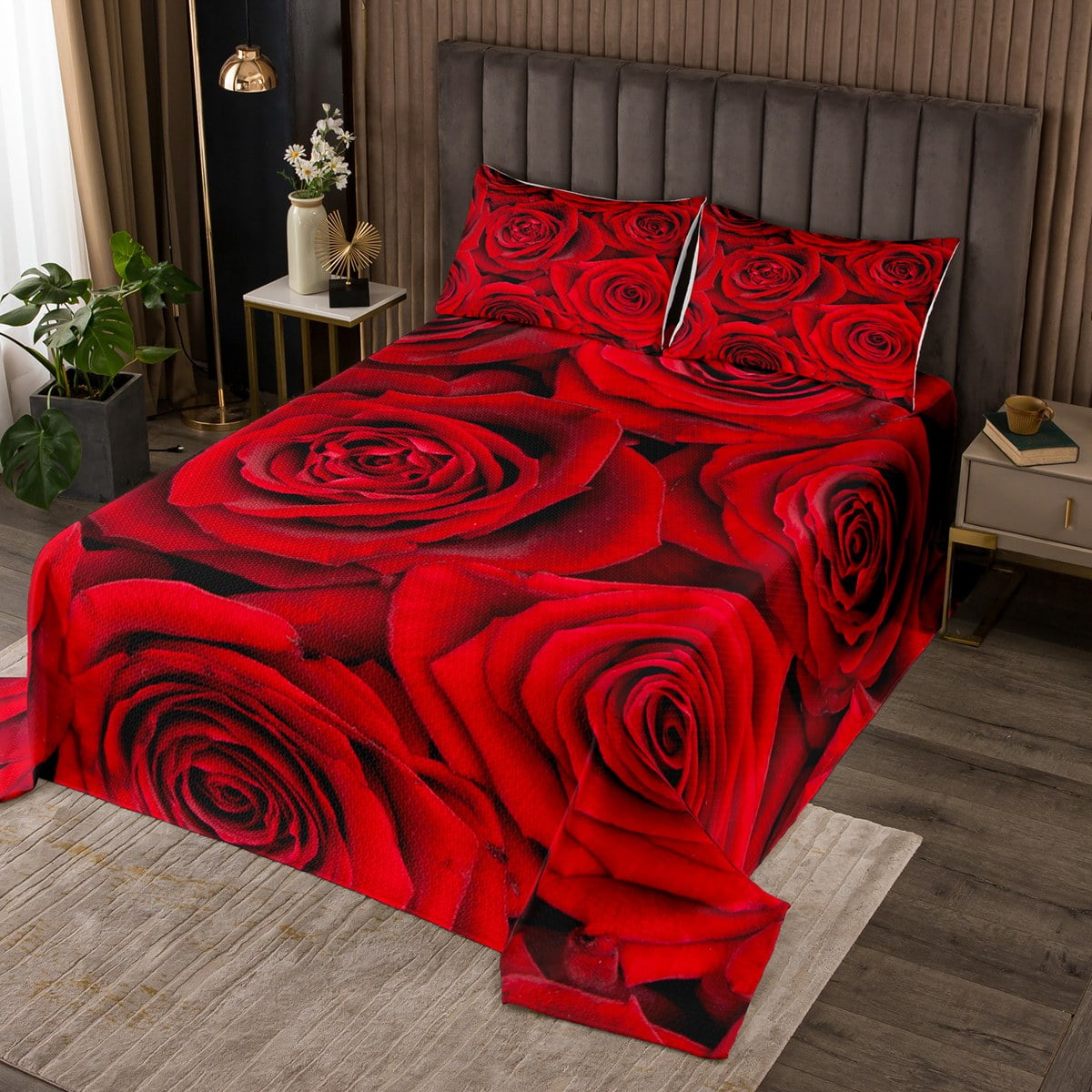 YST Valentine's Day Bedspread Set Queen, Red Rose Quilt Set, Romantic ...