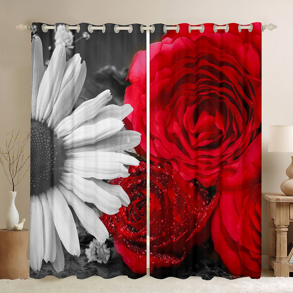 YST Valentine's Day Blackout Curtains, 3D Red Rose Curtains for Bedroom ...