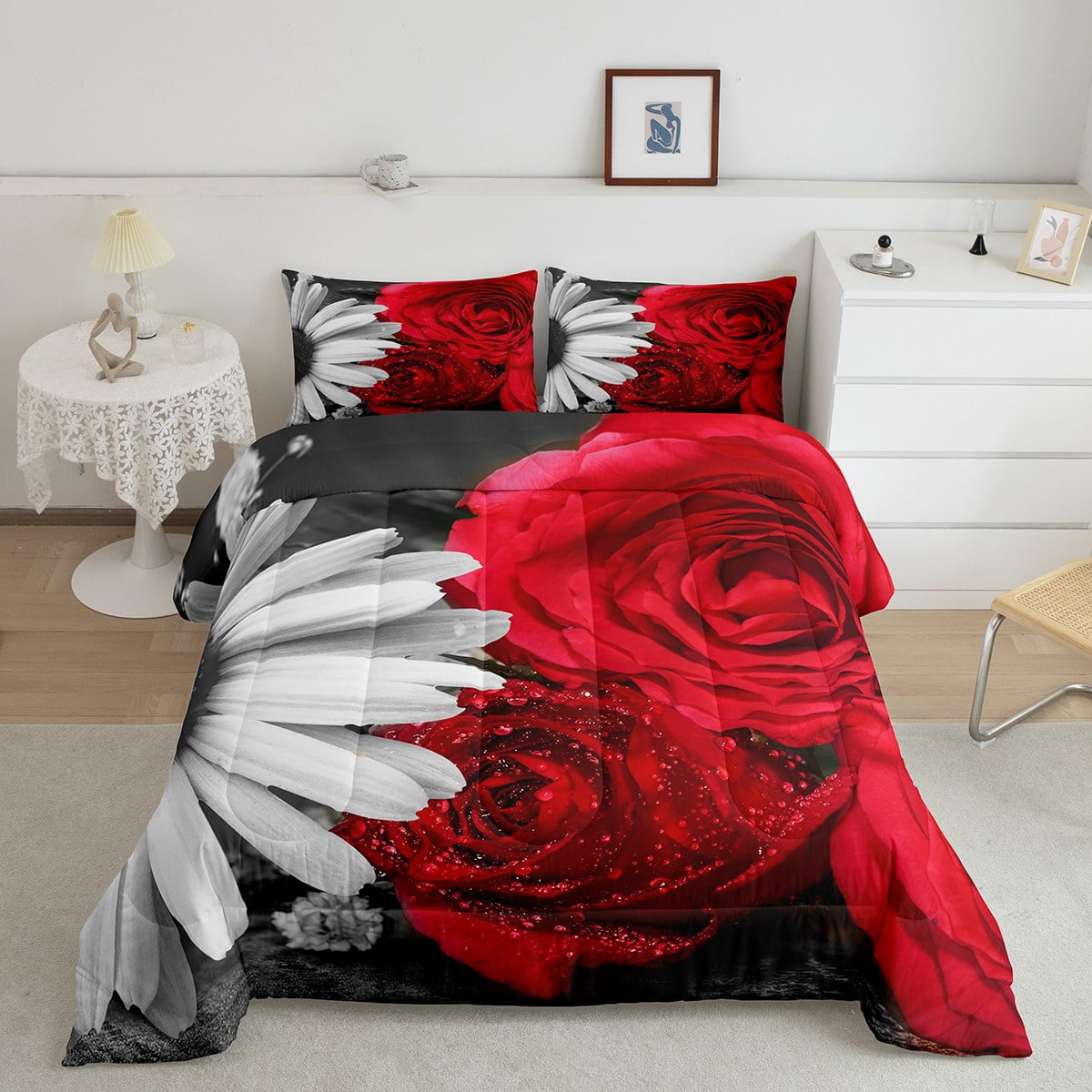 YST Valentine's Day Comforter Set Full 3 Piece, 3D Red Rose Bedding Set ...