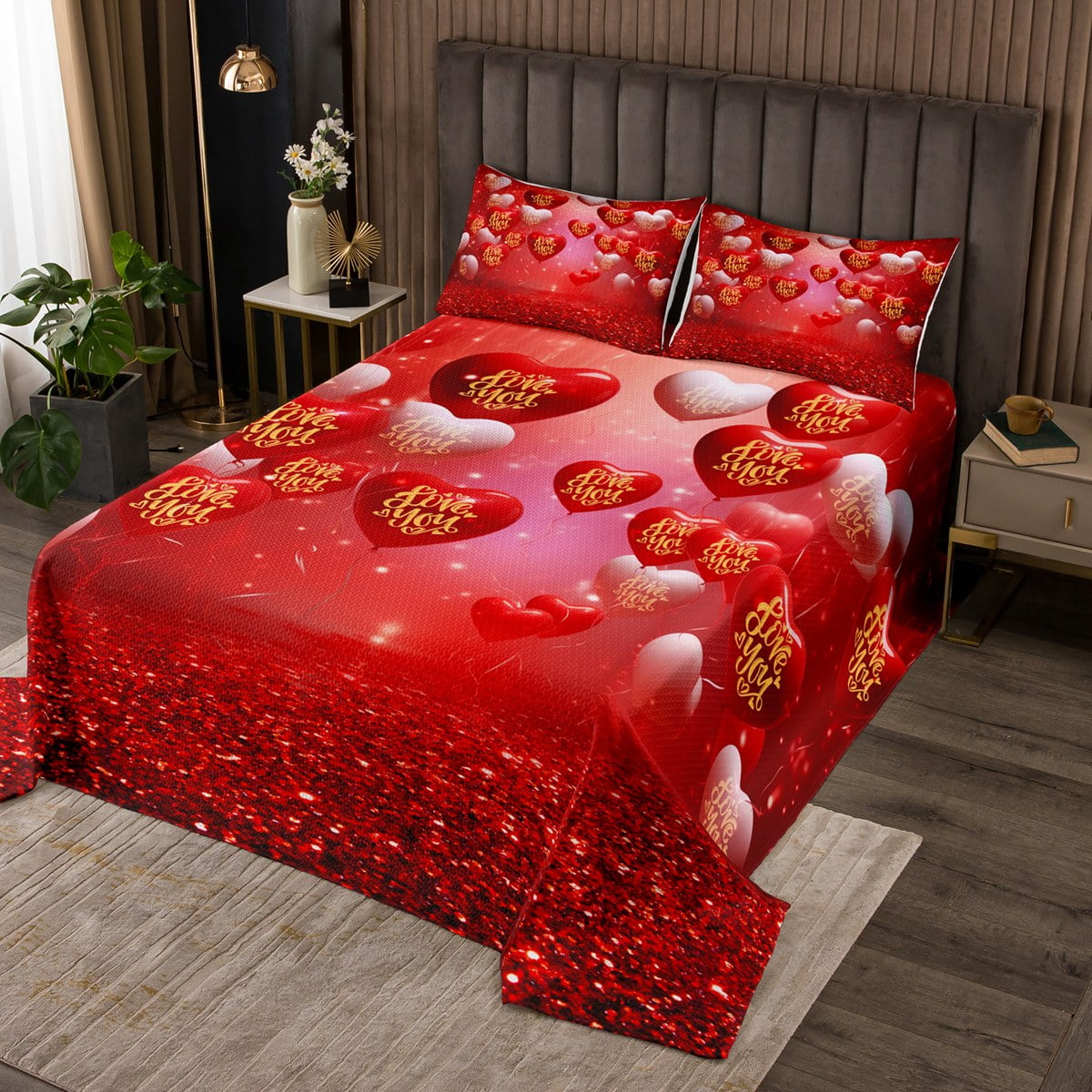Valentines Day Bedspread King Red Gold Balloons Love Heart Quilt Set ...