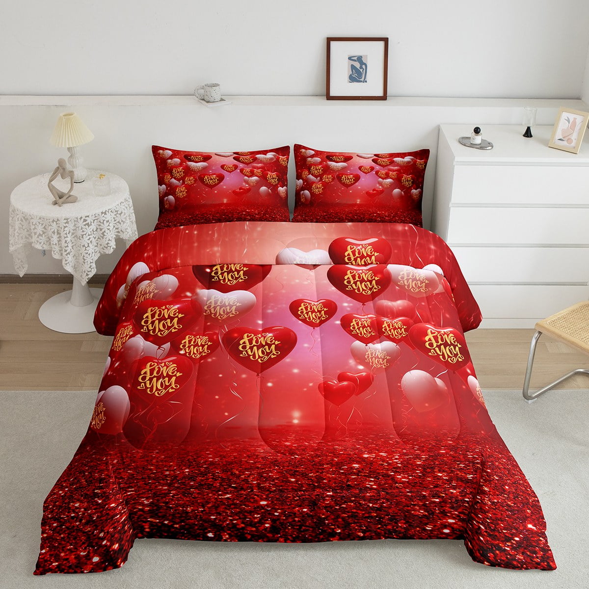 YST Valentines Day Comforter Set Queen Red Gold Balloons Love Heart ...