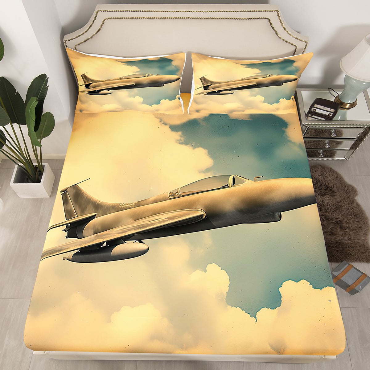 YST Vintage Airplane Bed Set Army Aircraft Decor Fitted Sheet for Boys ...