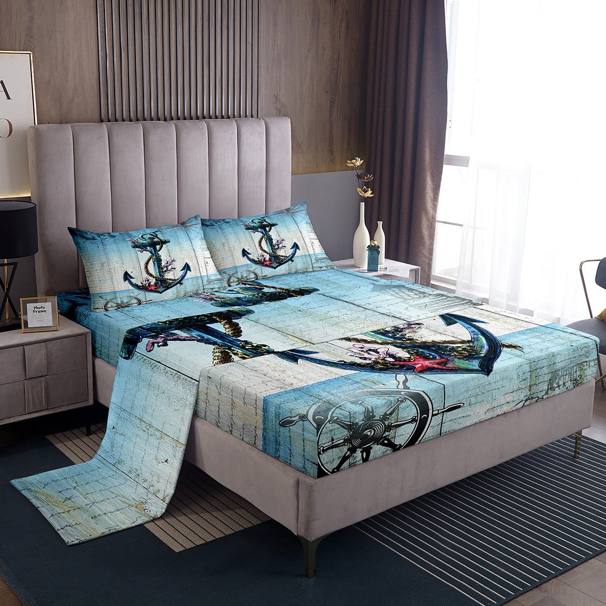 YST Vintage Anchor Bed Set Teal Aqua Blue Bed Sheets Set, Nautical ...