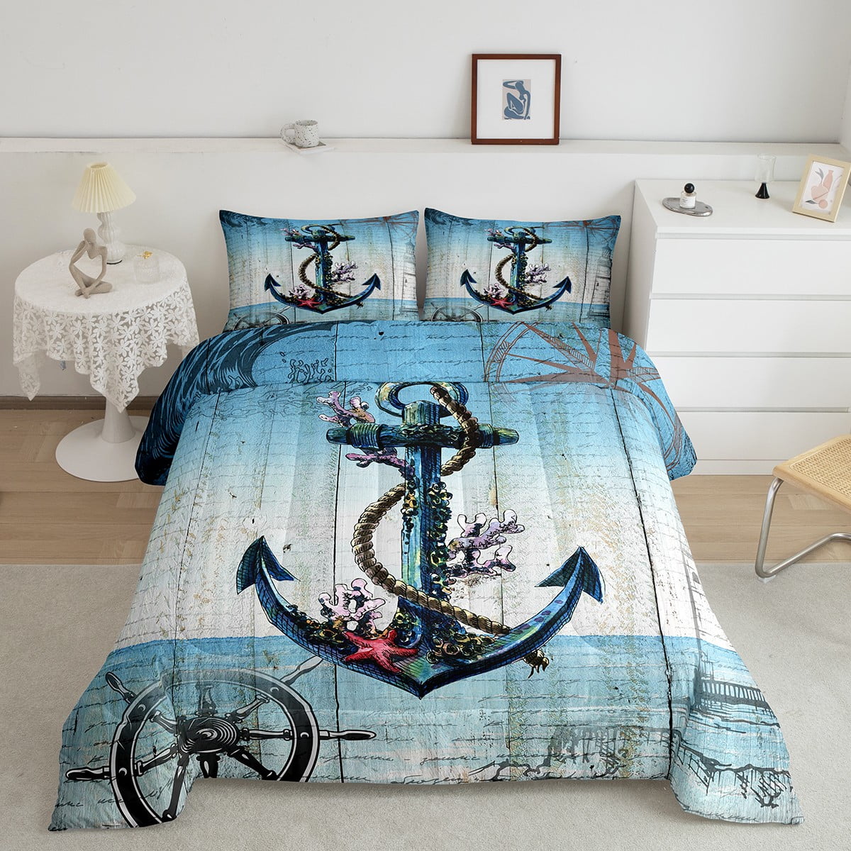 YST Vintage Anchor Bedding Set Queen Teal Aqua Blue Comforter Set ...