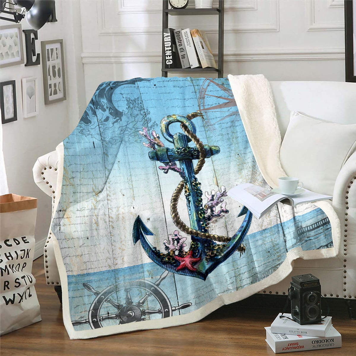 Vintage Anchor Blanket Teal Aqua Blue Throw Blanket for Bed, Nautical ...