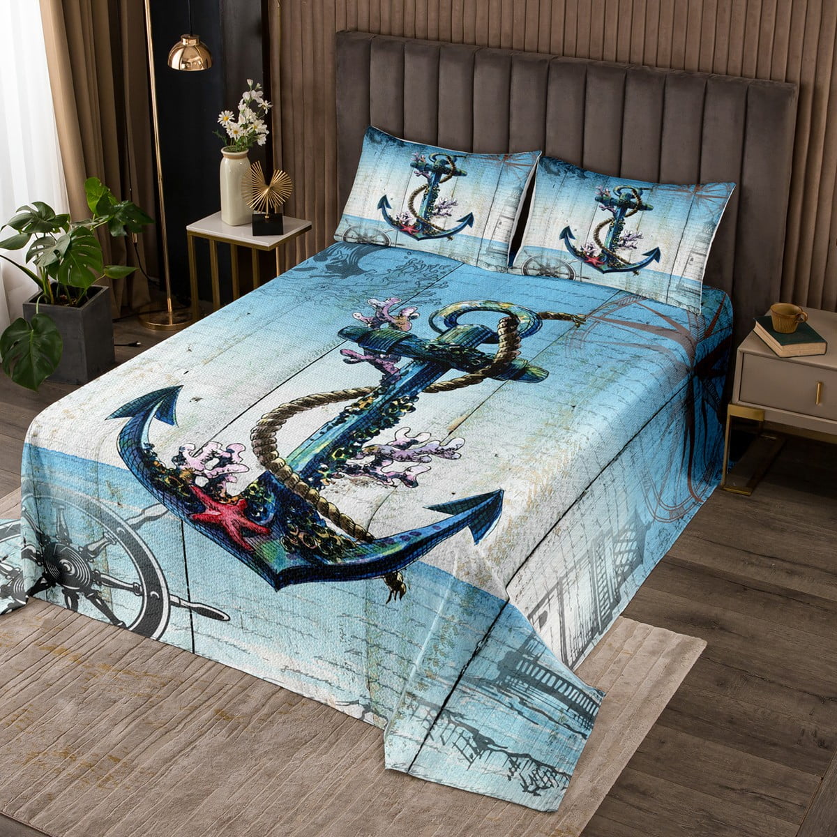 Vintage Anchor King Bedspread Set Teal Aqua Blue Quilt Set, Nautical ...