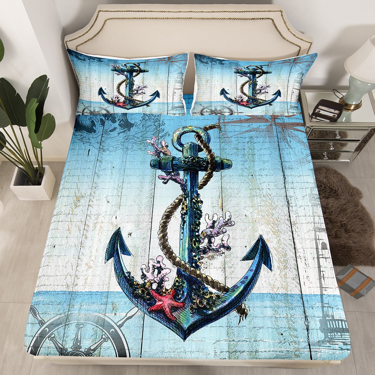 YST Vintage Anchor Twin Sheets Teal Aqua Blue Bed Sheets, Nautical Themed Fitted Sheet Retro ...