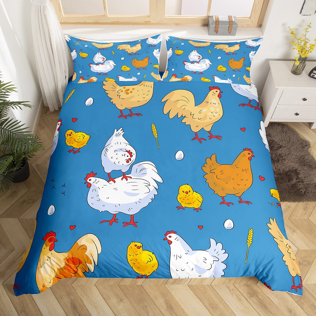 YST Vintage Chicken Duvet Cover King,Cute Yellow Chick Bedding Set for ...