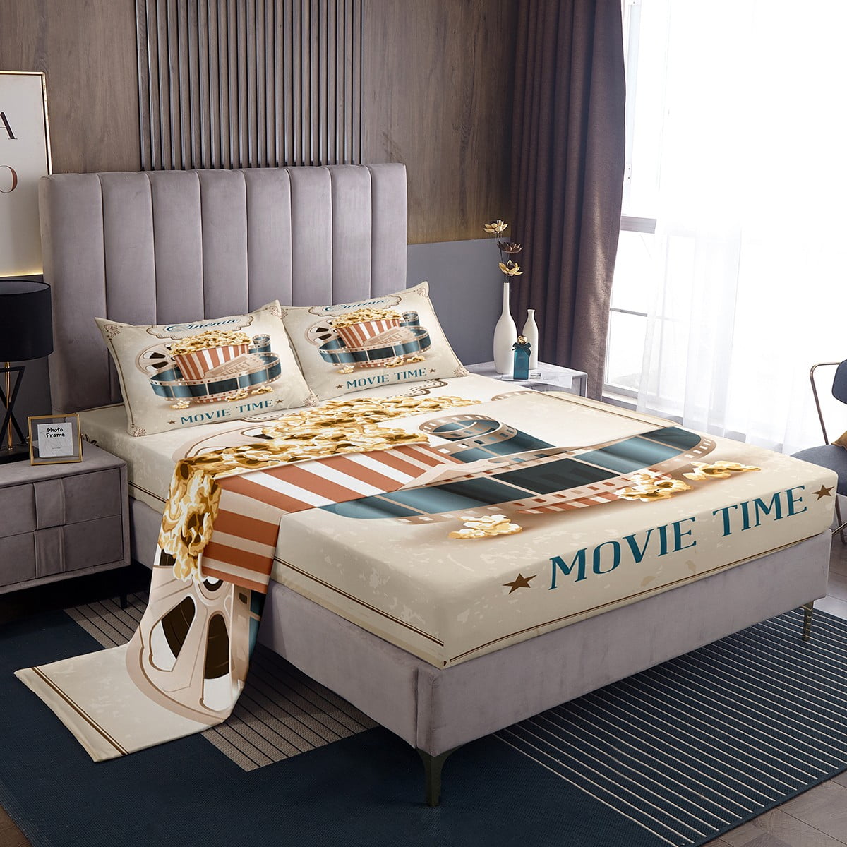 YST Vintage Cinema Bedding Sets King,Film Strip Ticket Popcorn Sheet ...