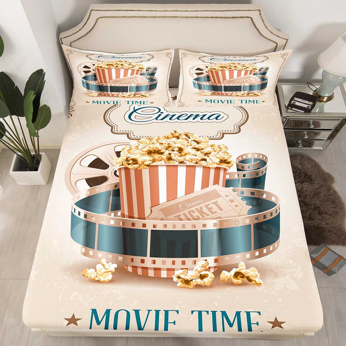YST Vintage Cinema Fitted Sheet Twin,Film Strip Ticket Popcorn Bedding ...