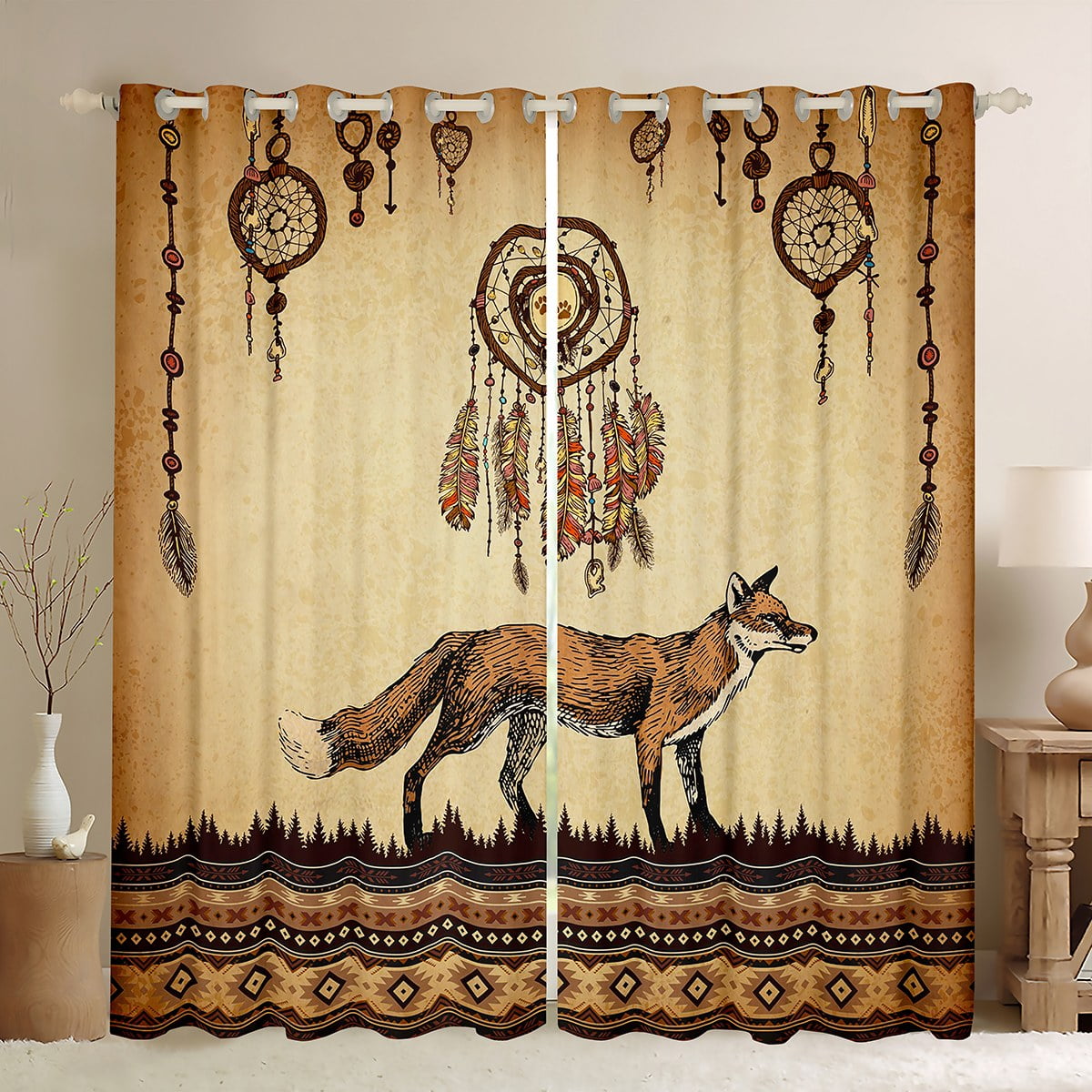 YST Vintage Dream Catcher Blackout Curtains Jungle Fox Window Curtains Tribal Feathers Curtains ...