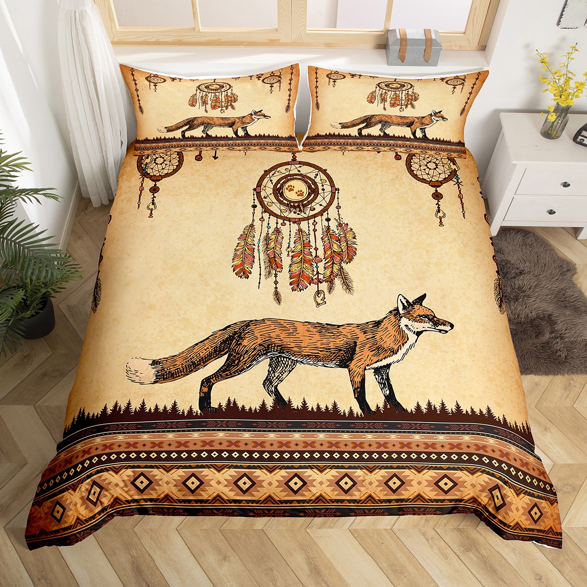 YST Vintage Dream Catcher Comforter Cover Jungle Fox Bedding Set Tribal ...