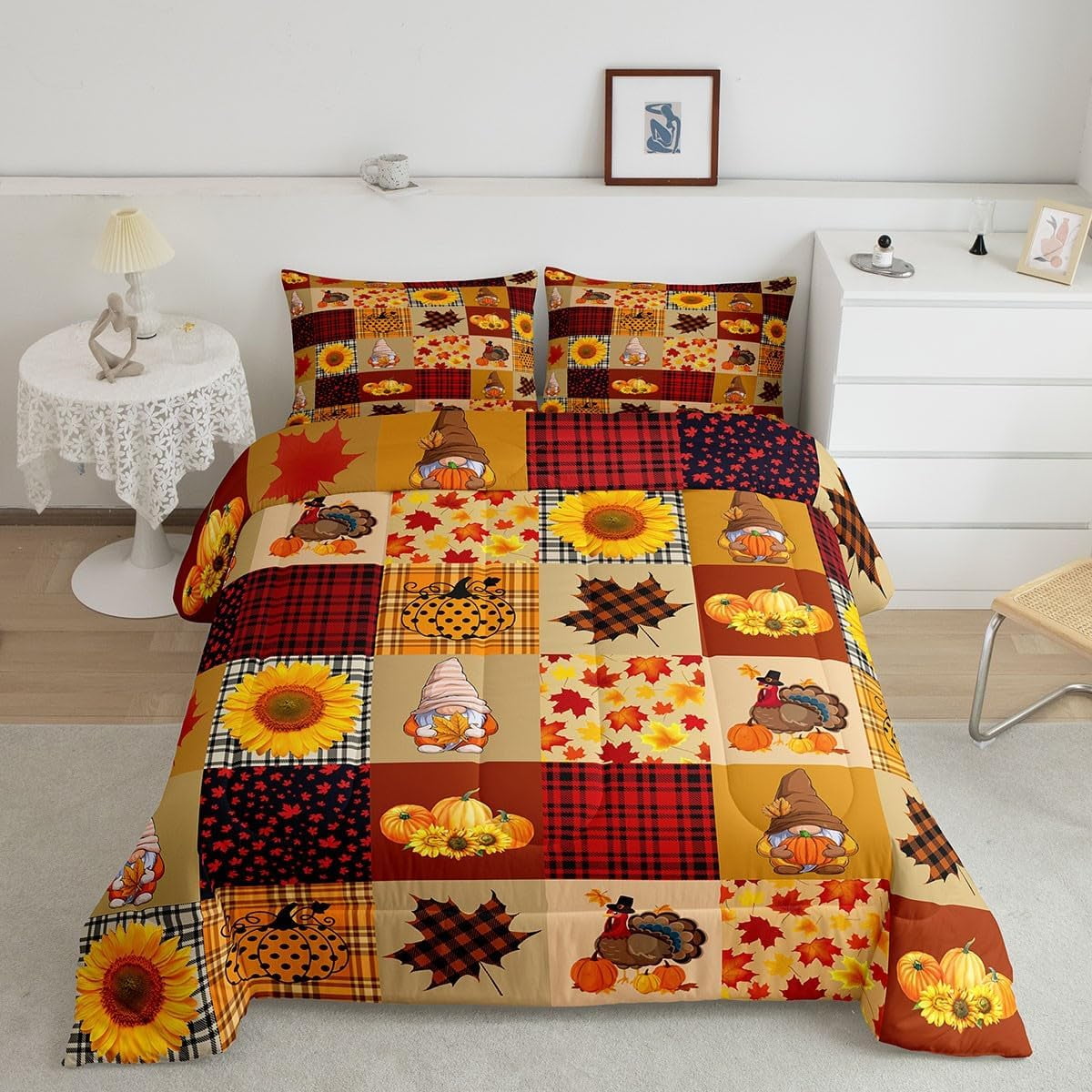 Vintage Fall Yellow Red Plaid Comforter Set Full Size Pumpkin Maple ...