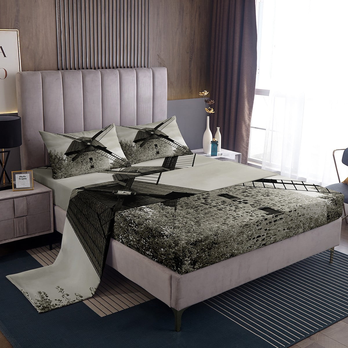 YST Vintage Farmhouse Bed Sheets Set Grey Windmill King Size Sheet Sets ...