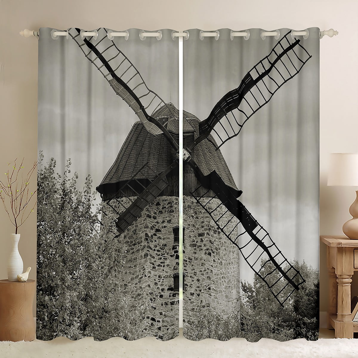 YST Vintage Farmhouse Curtains Grey Windmill Blackout Curtains, Rustic ...