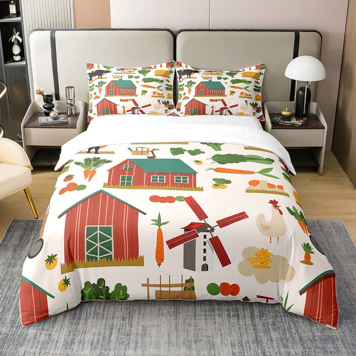YST Vintage Farmhouse Windmill Duvet Cover,Farm Vegetables Bedspread ...