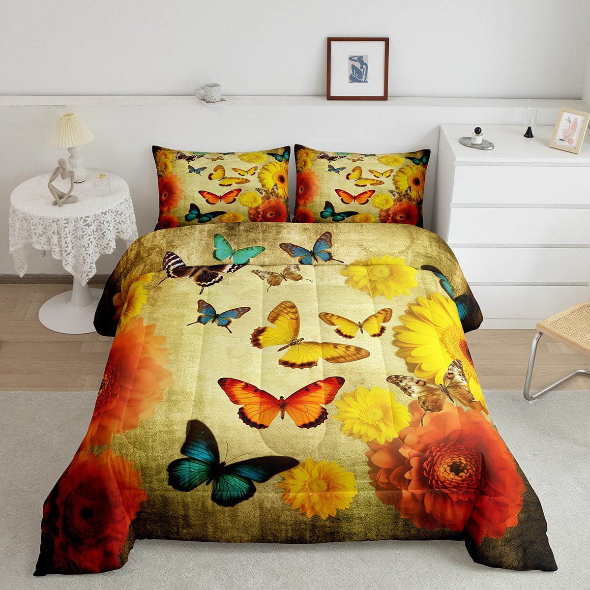 Vintage Floral Comforter Set Queen Size,Orange Yellow Green Butterflies ...