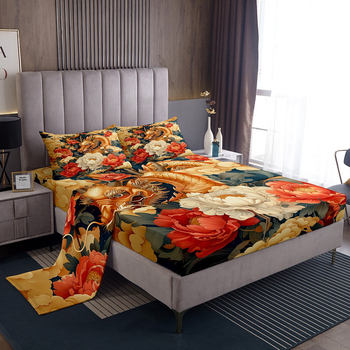 YST Vintage Floral Dragon Queen Bed Sheets Set,Asian Oriental Chinese ...