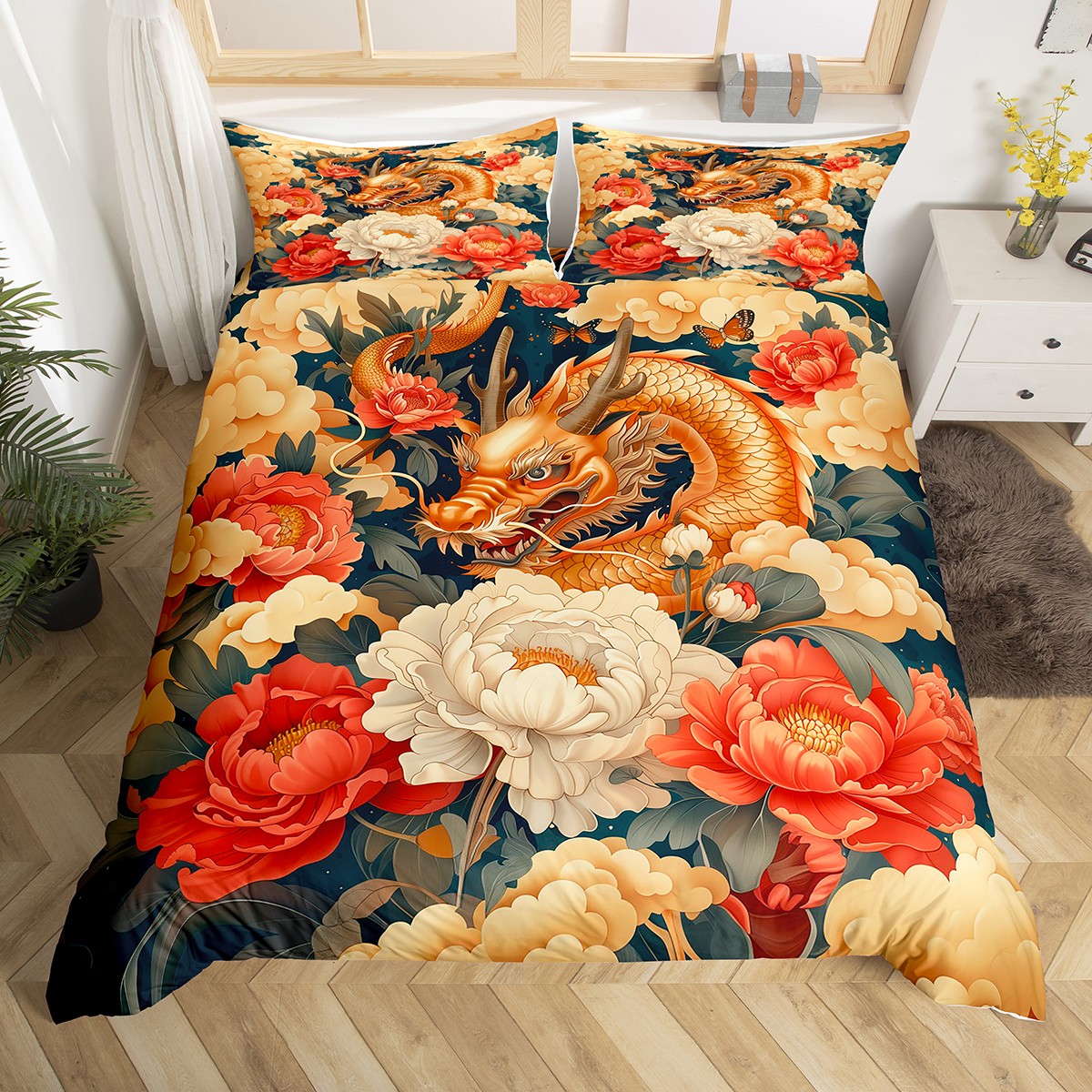 YST Vintage Floral Dragon Twin Duvet Cover,Asian Oriental Chinese ...