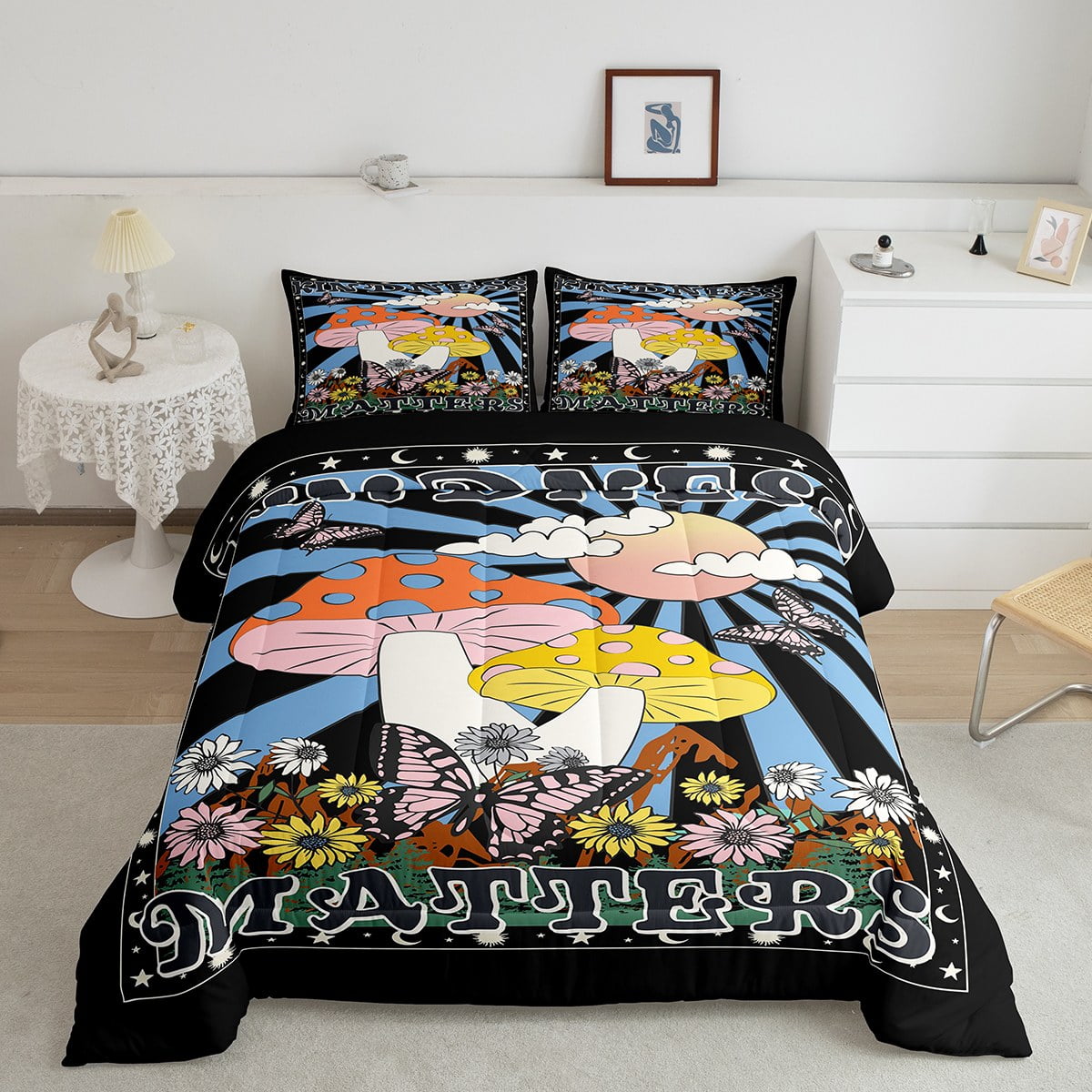 YST Vintage Hippie Bedding Set Queen Boho Mushroom Comforter Set, Pink ...