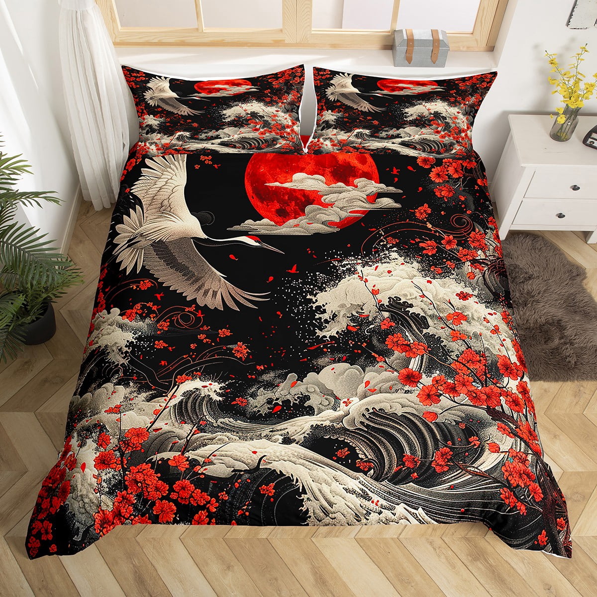 Vintage Japanese Art Comforter Cover Retro Ukiyoe Bed Set,Chic Cherry ...