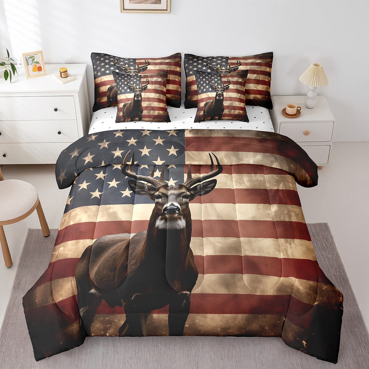 Vintage Moose Bed in a Bag 7-Piece Teens American Flag Queen Size ...