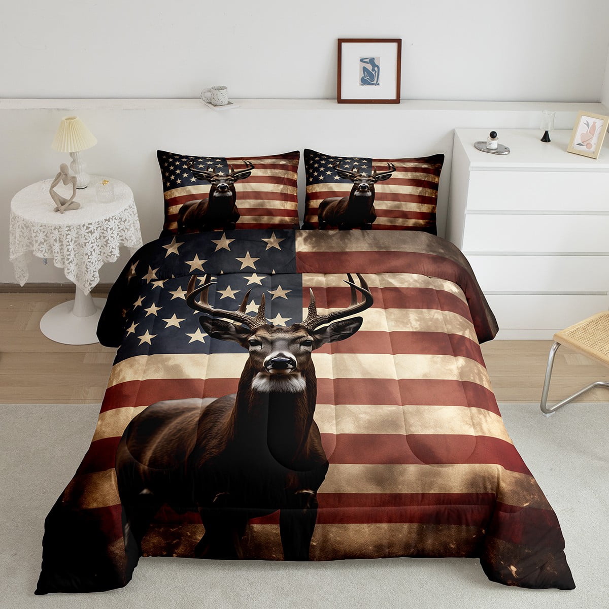 YST Vintage Moose Bedding Sets King For Kids Boys Teens American Flag ...