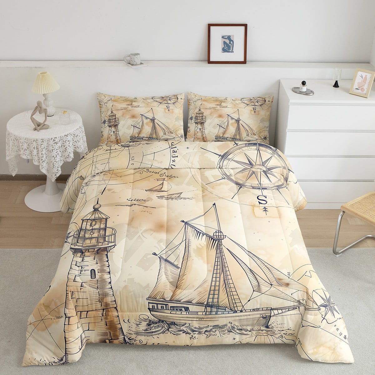 YST Vintage Nautical Bedding Twin Size Retro Compass Lighthouse ...