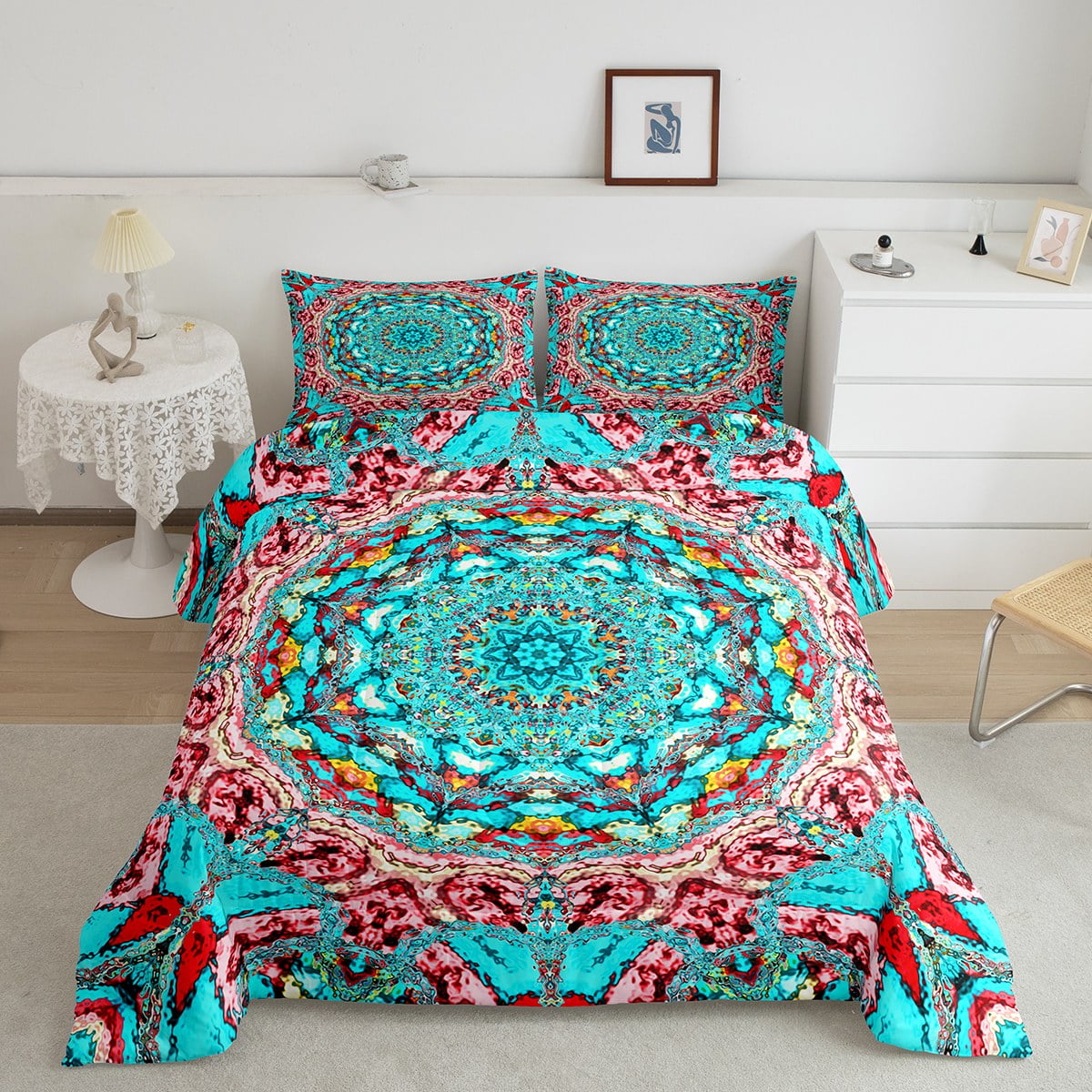 YST Vintage Oriental Bedding Set Queen Teal Abstract Art Comforter Set ...