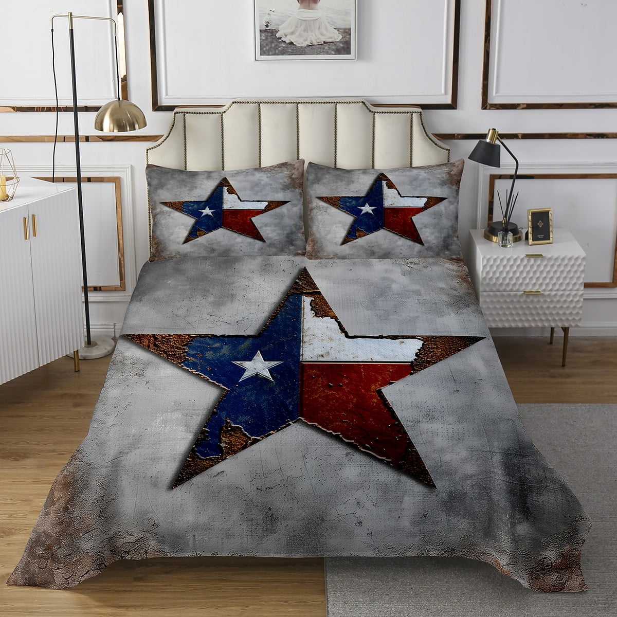 YST Vintage Texas Stars Queen Bedspread Set Retro Flag Print Quilt Set ...