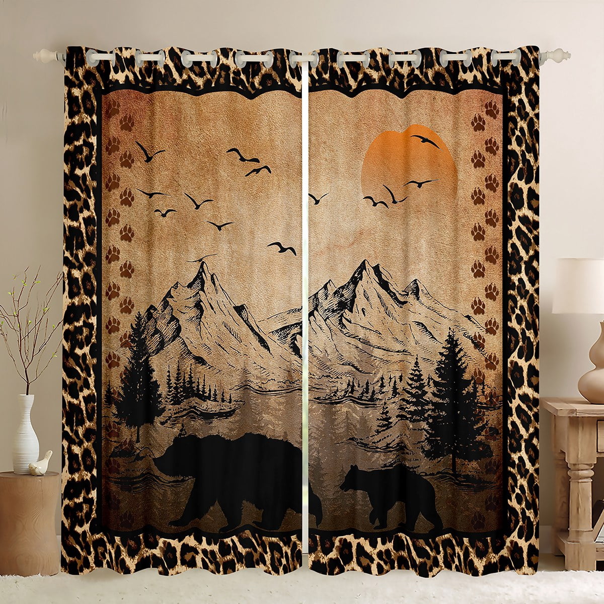 YST Vintage Theme Window Curtains Bear Birds Mountain Curtains & Drapes ...