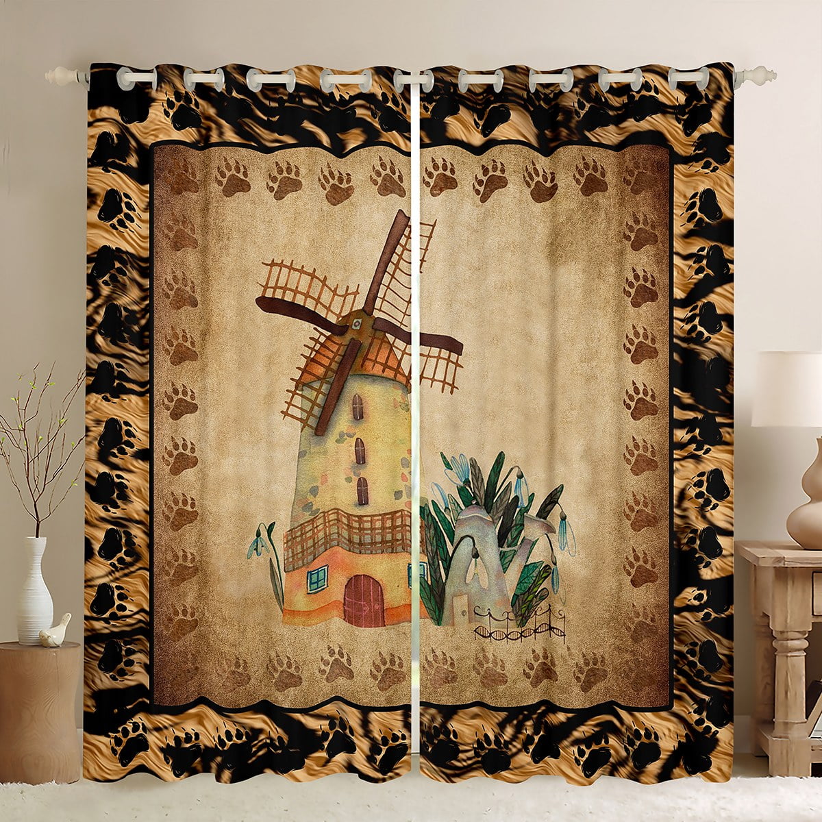 YST Vintage Windmill Curtains & Drapes Retro Brown Grunge Curtains, Cow Print Cowhide Blackout ...