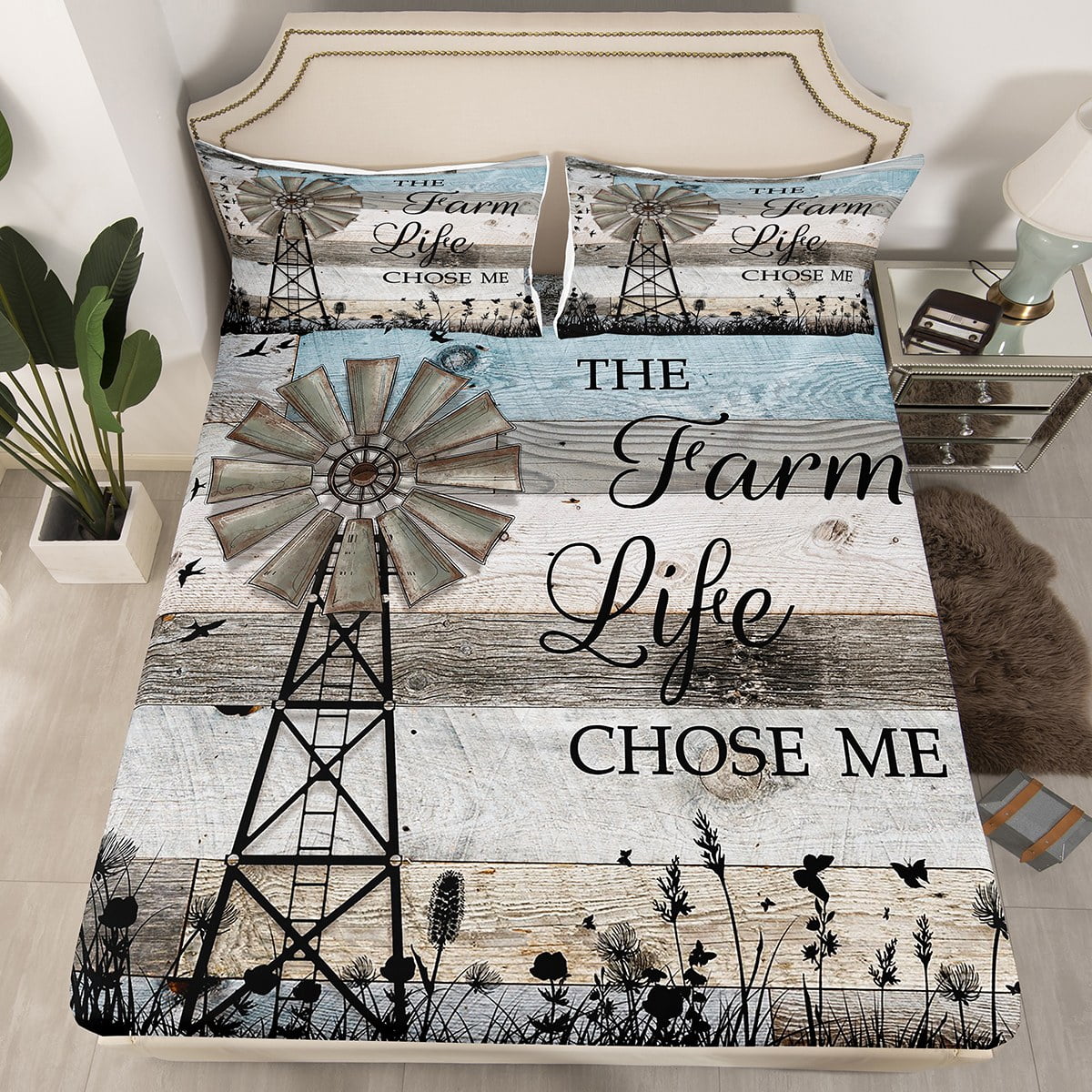 YST Vintage Windmill Fitted Sheet Full Size, Rustic Farmhouse Bedding ...