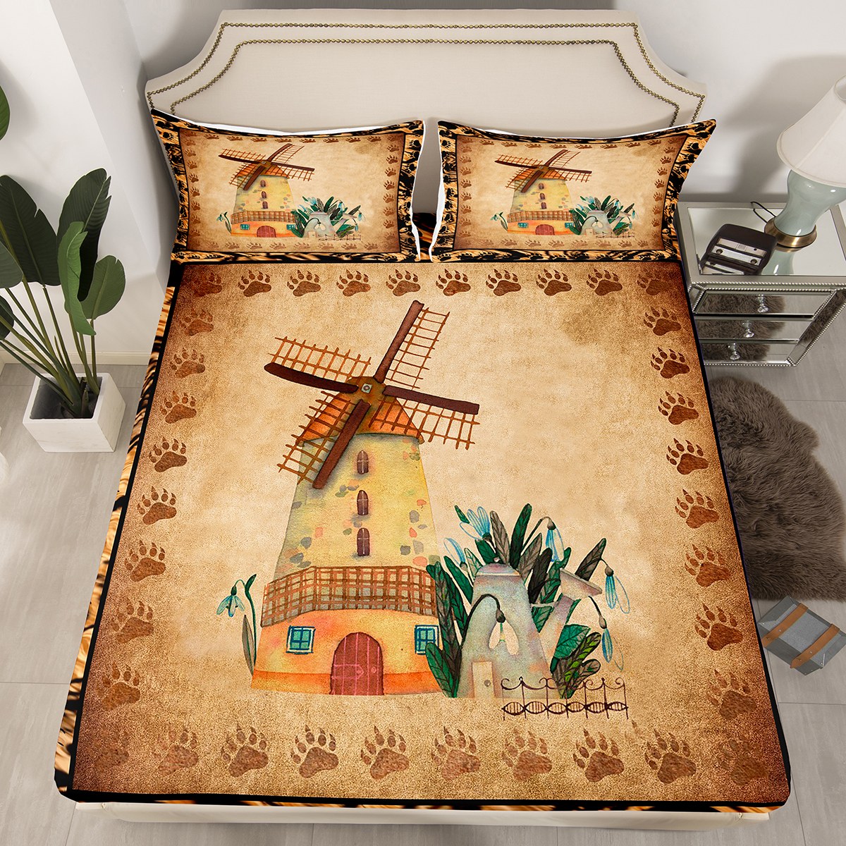 YST Vintage Windmill Twin Fitted Sheet Retro Brown Grunge Sheets, Cow ...