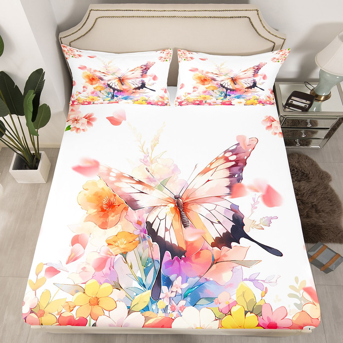 Watercolor Butterfly Bed Set Colorful Floral Rose Decor Teens Twin ...