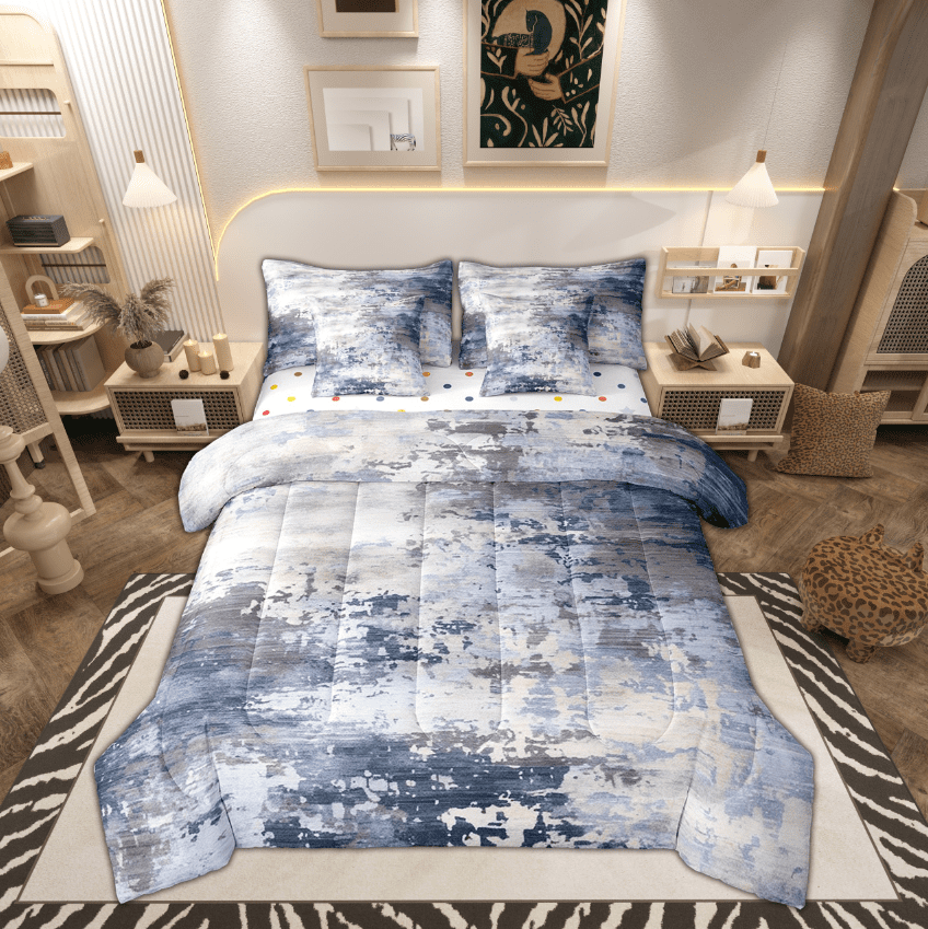 Watercolor Comforter Set 7 Pcs,Modern Abstract Bedding Set Teens,Navy ...